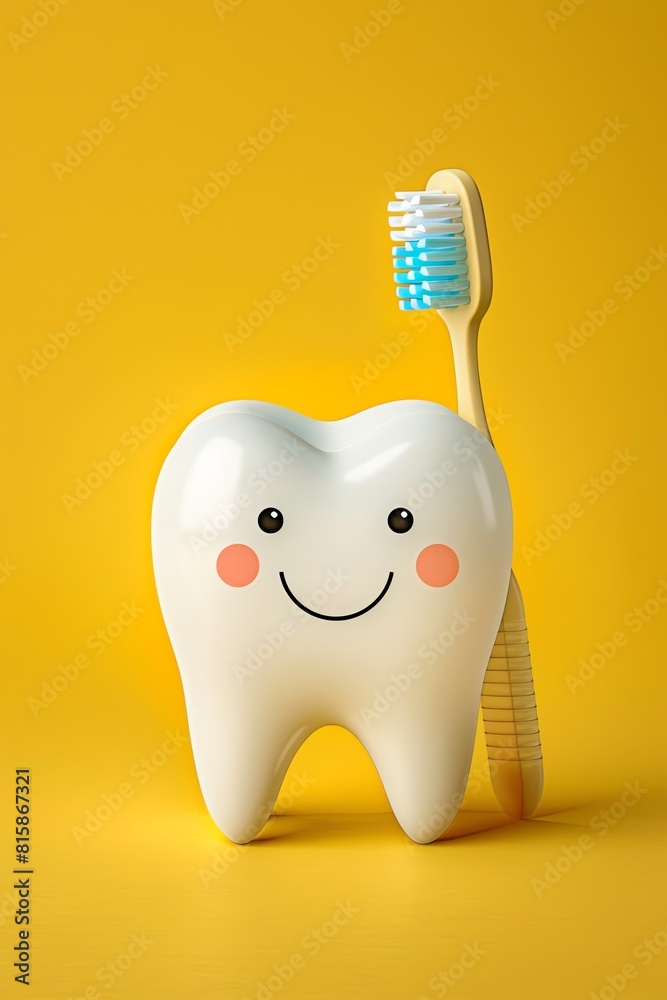 Happy cartoon tooth and toothbrush on yellow background, cheerful ...