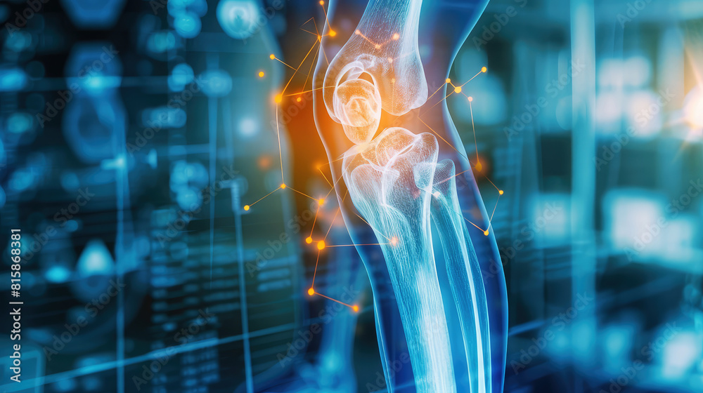 High-tech computer model of a leg with an inflamed knee joint. X-ray of ...