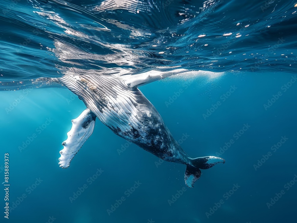 A humpback whale breaches the ocean's surface, its massive body ...