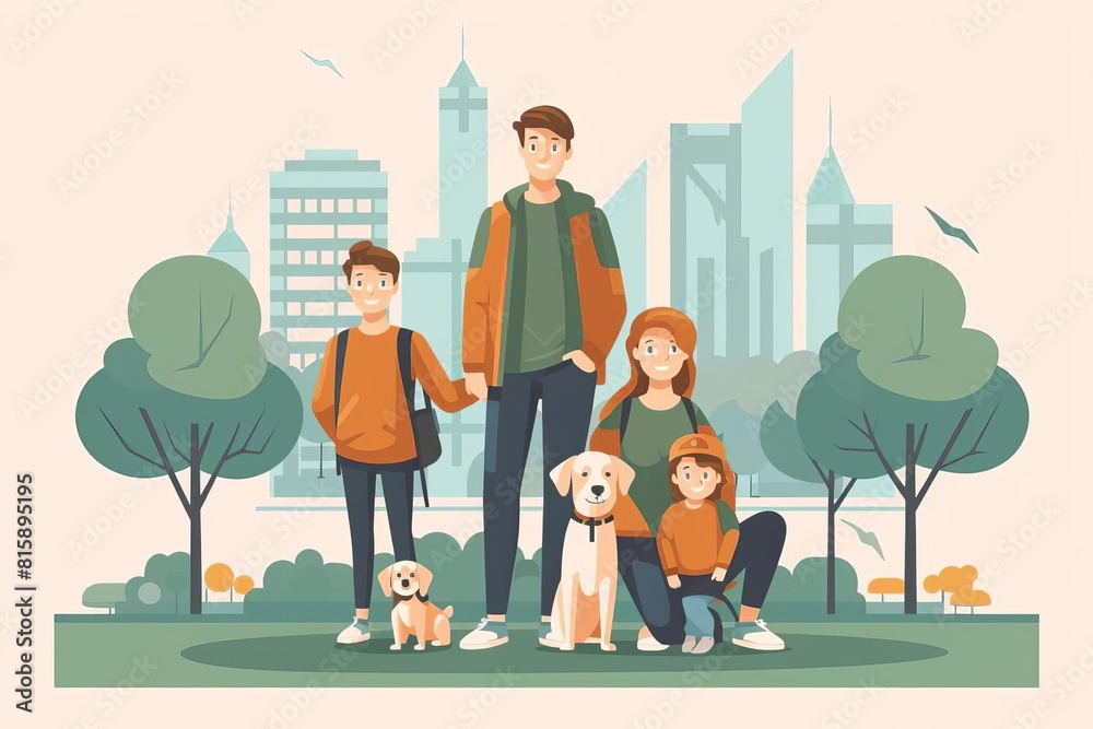 family portrait flat design front view park theme cartoon drawing ...