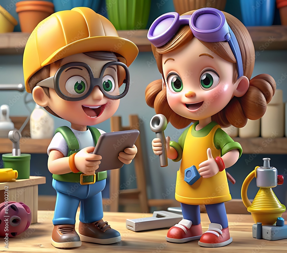 In the science lab, 3d cartoon illustration of a a boy and girl don lab ...
