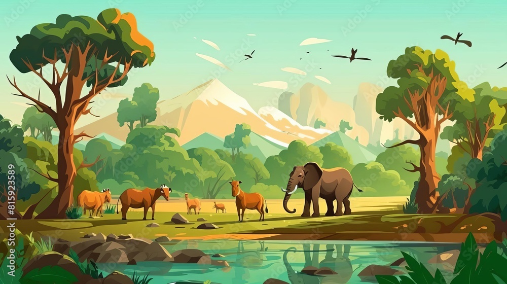 wildlife sanctuary flat design front view animal habitat theme cartoon ...
