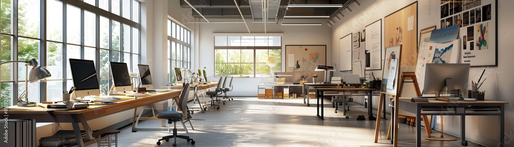 Design Agency Studio Floor: Displaying drafting tables, mood boards ...