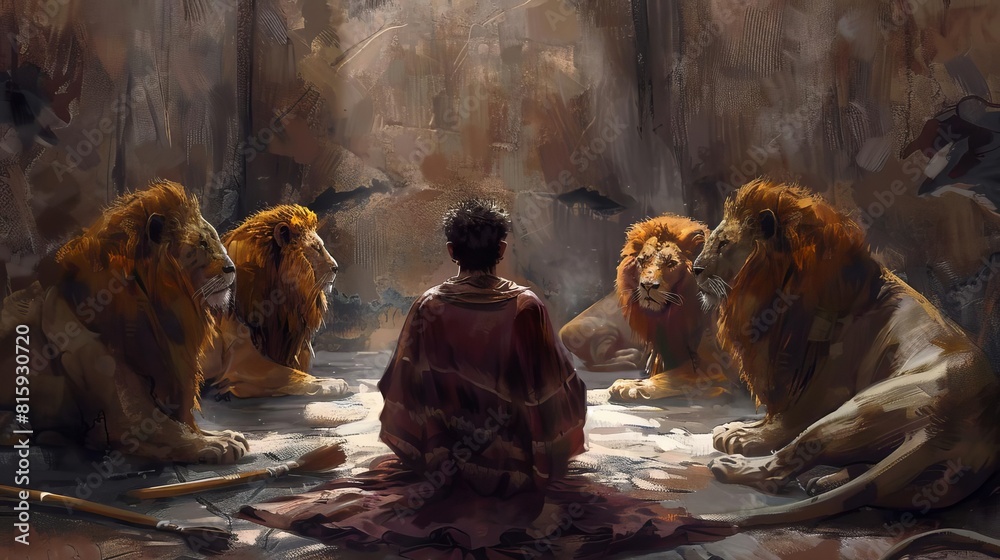 daniel in the lions den digital watercolor painting illustration Stock ...