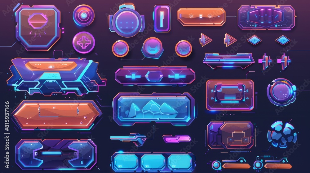 Sci-fi game frames and buttons. Menus, game assets, and user interface design elements in modern ...