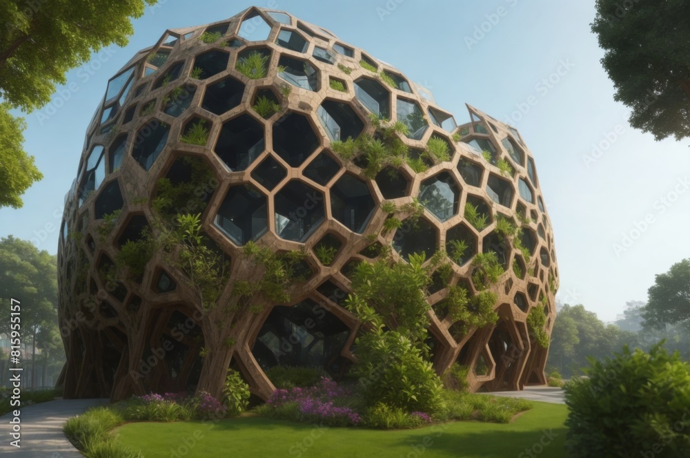 A unique and eye-catching building facade, with a hexagonal lattice ...