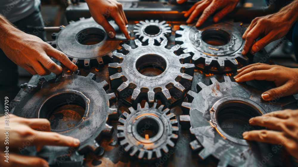 Group of hands assembling large industrial gears, depicting teamwork ...