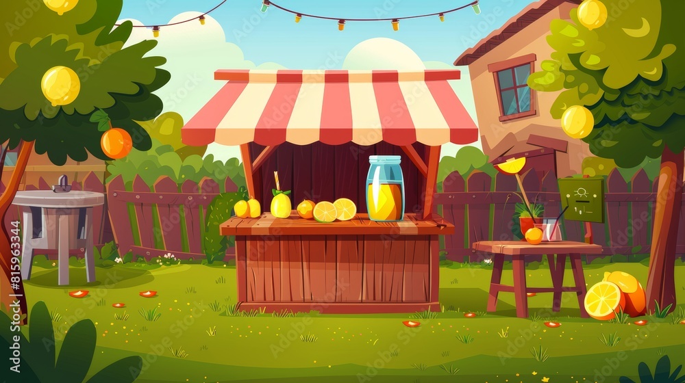 A lemonade stand modern shop featuring lemon fruit on sale. Wooden ...