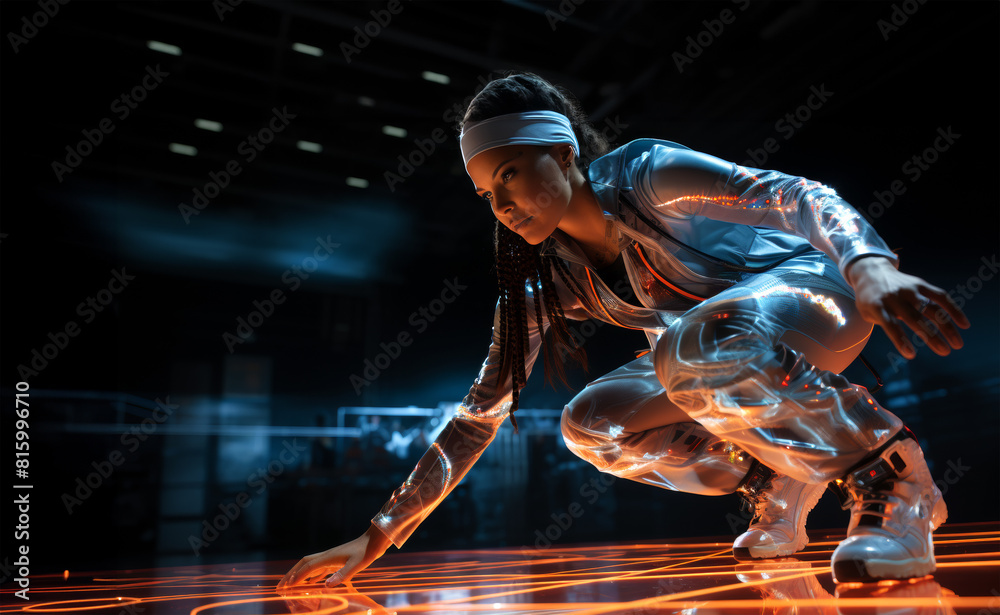 Young brown skin Woman crouching in action with futuristic sport orange ...