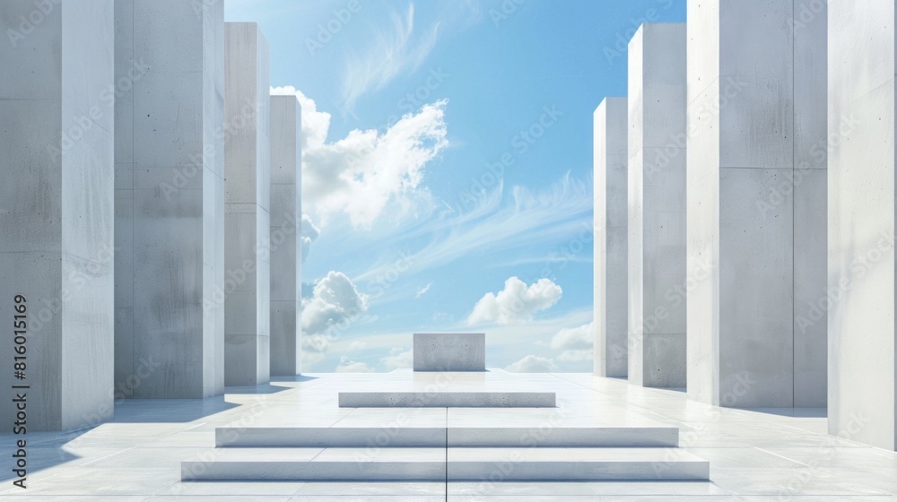 A serene architectural space featuring tall concrete pillars under a ...