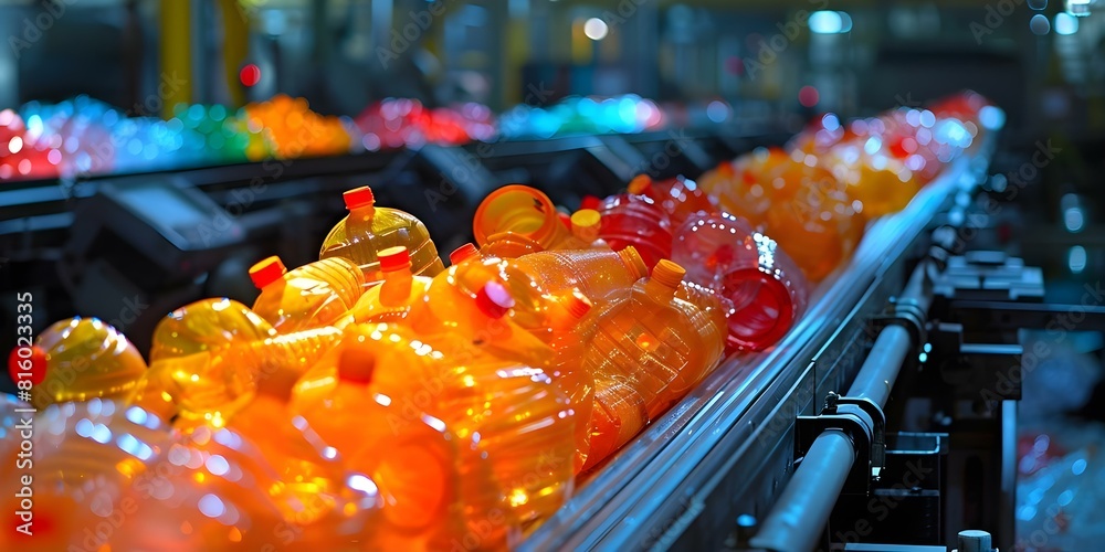 Conveyor assembly line sorting plastic paper waste for recycling and packaging. Concept ...