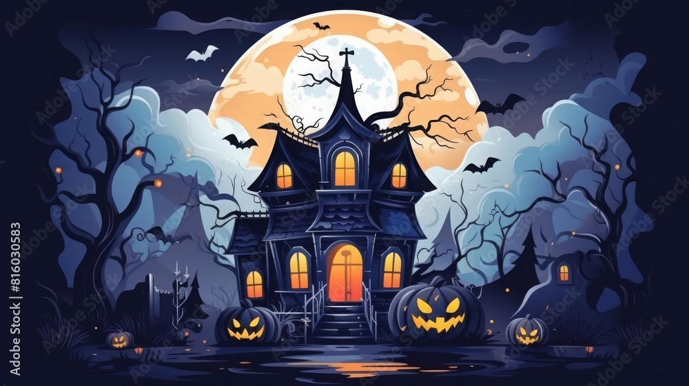 Haunted house flat design top view spooky ghost story theme cartoon ...