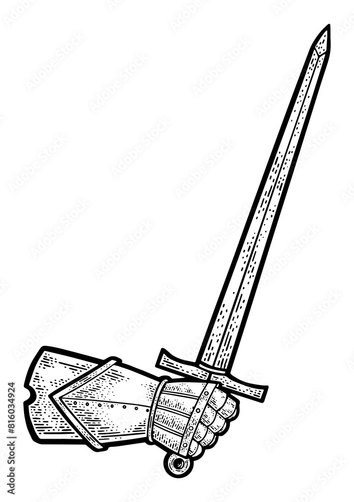 sword in the hand of a knight sketch engraving PNG illustration. T ...