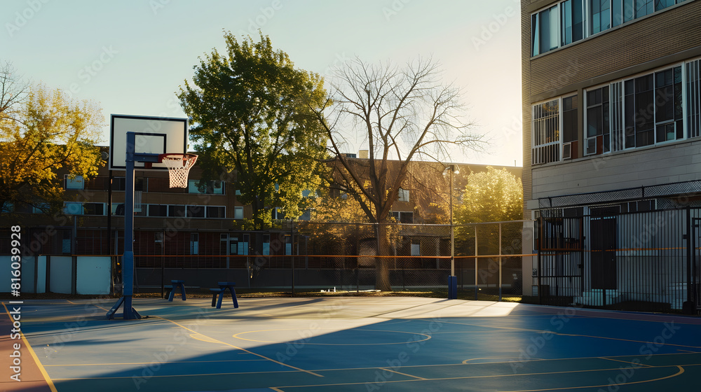Schoolyard with basketball court and school building exterior in the ...