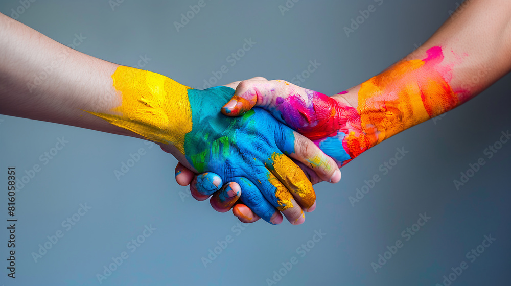 Close-up of two colorful rainbow painted hands are shaking hands on ...