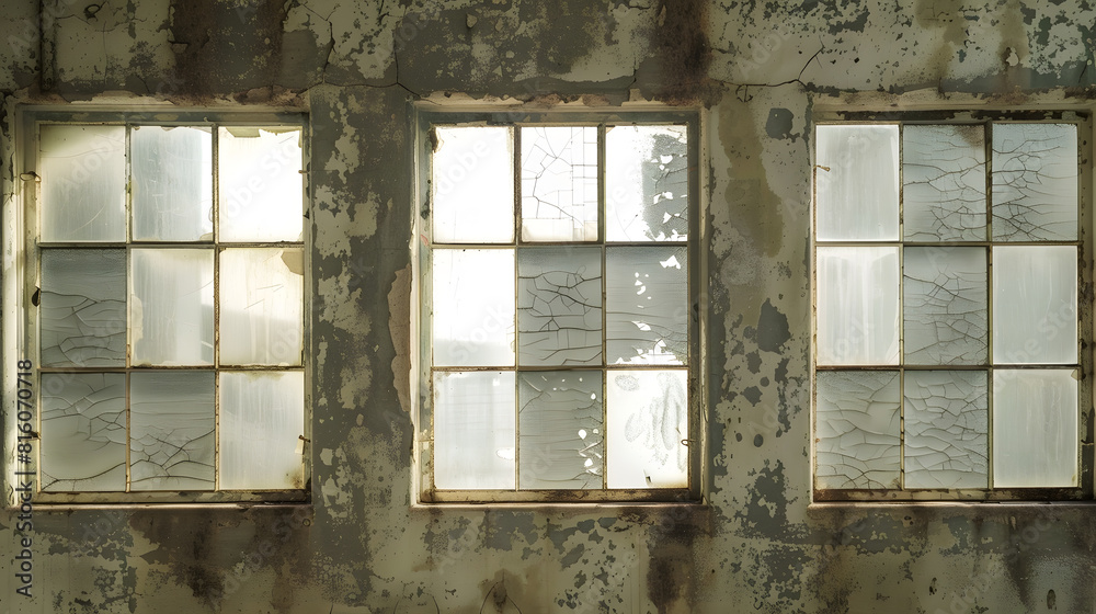 old flaky window frames without glass in an abandoned building ...
