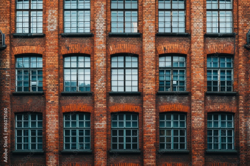 Symmetrical view of old brick building windows with arches, reflecting ...