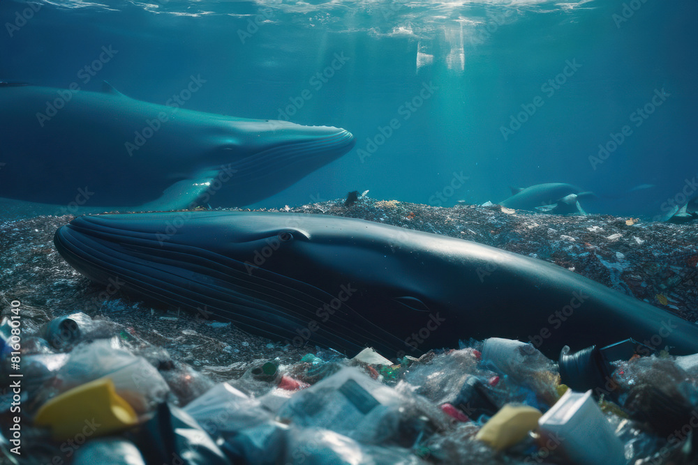 Whales swimming amidst a sea of plastic pollution, highlighting the ...
