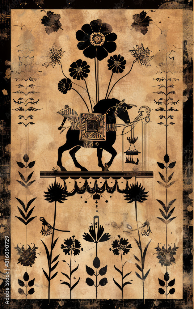 Thoth tarot card style with the chariot and some flower decorations ...