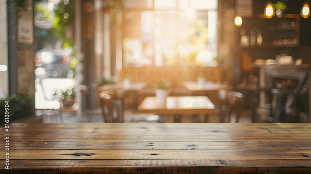 Wooden empty table in front blurred cafe background Bar counter key ...