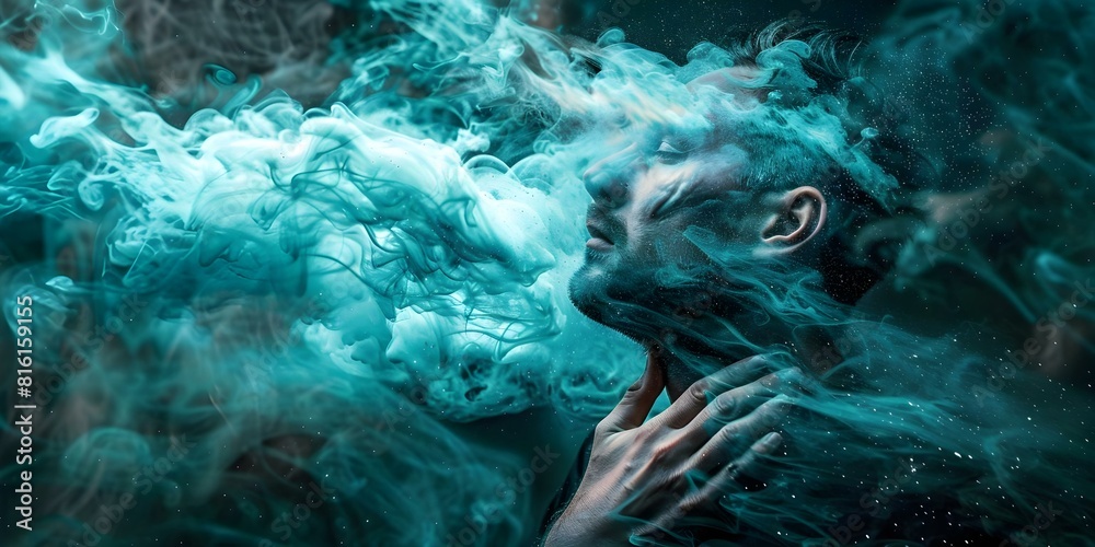 Man in distress yells clutching chest dissolving into particles ...