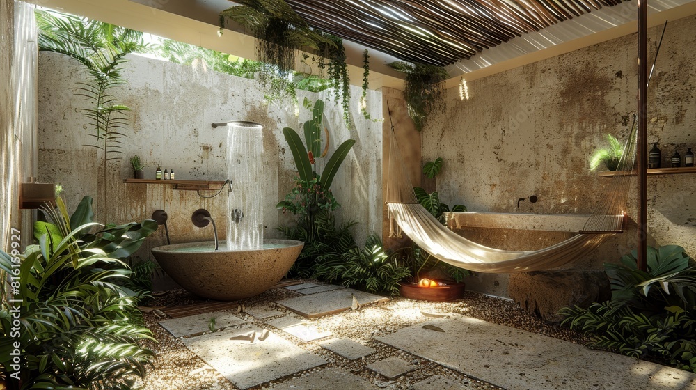 Open-air bathroom with a hammock and cooling water features in hot ...