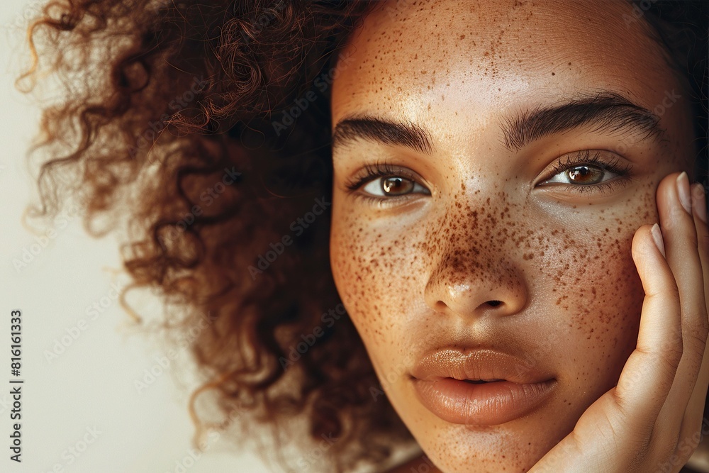 Beauty, portrait and natural face of black woman with healthy freckle ...