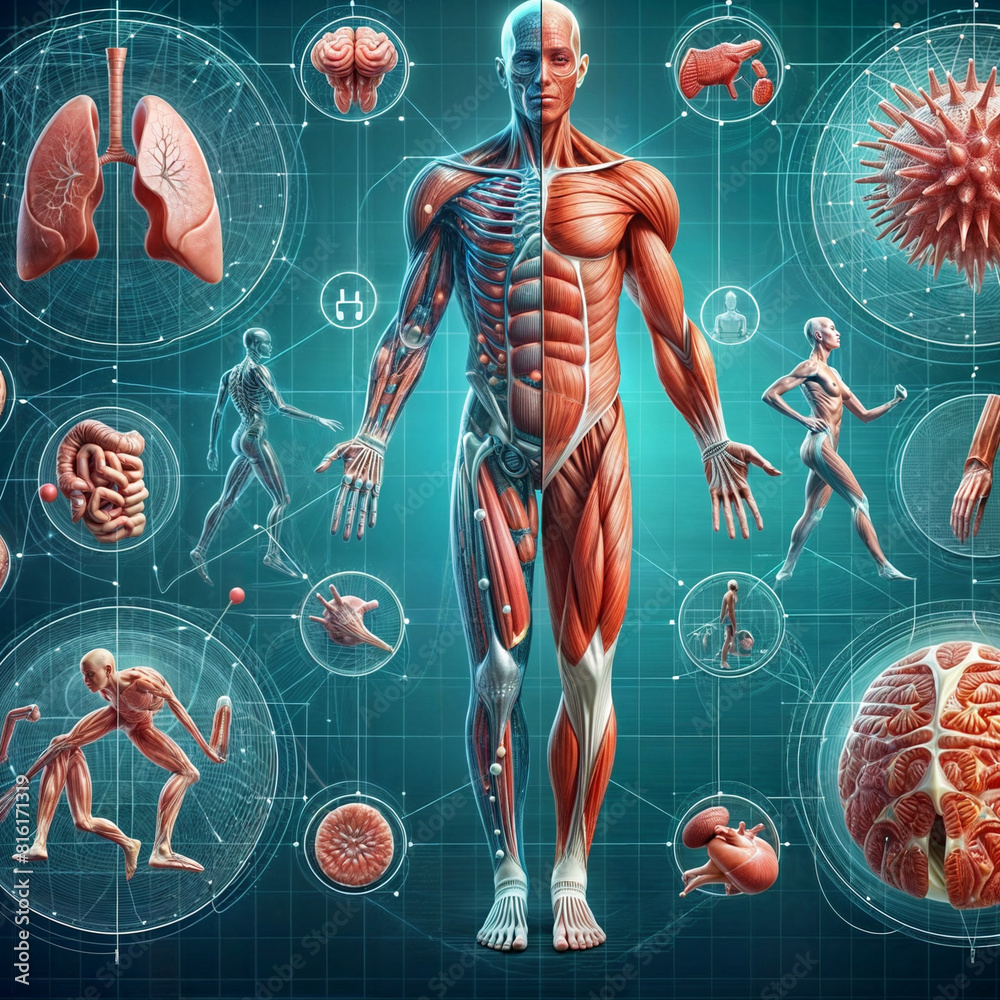 Conceptual anatomy healthy skinless human body, muscle system set,3d ...