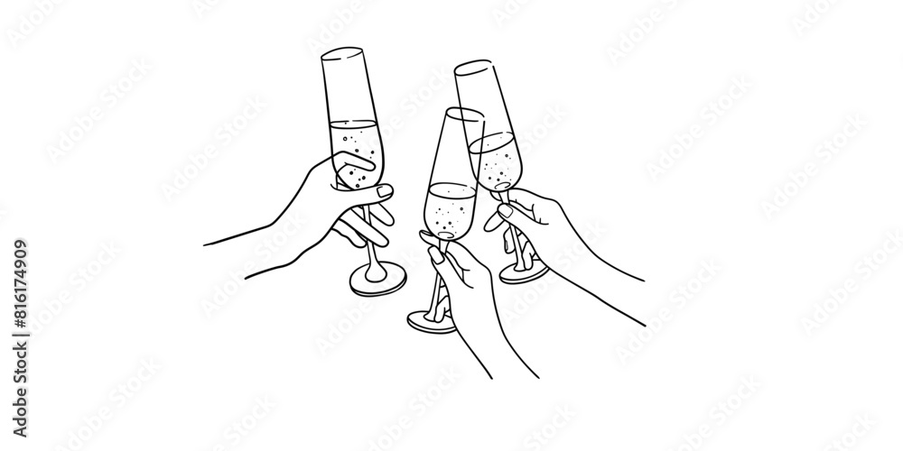 Continuous line champagne cheers one line art, continuous drawing ...