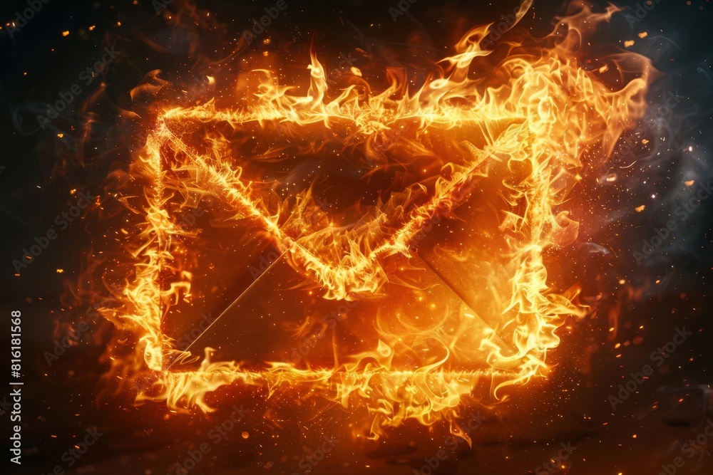 Envelope consumed by fire, embers rising, intense heat and light ...