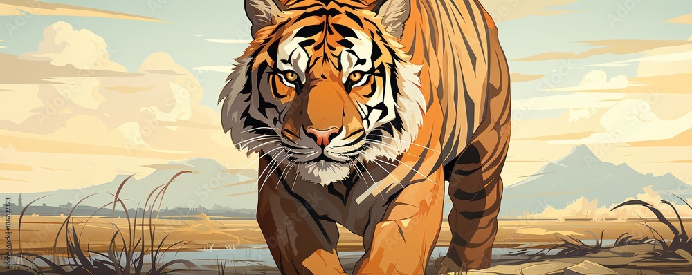 Tiger flat design front view mythical representations theme cartoon ...