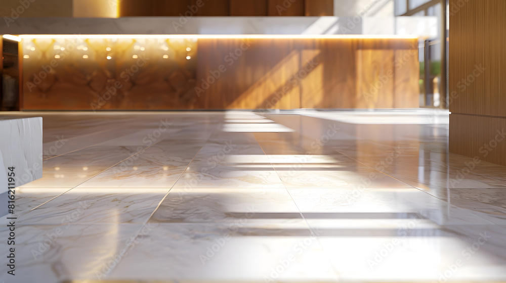 Light wooden and marble tile floor interior of modern cafe with double ...