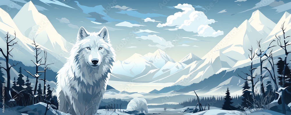 Wolf flat design top view snowy terrain theme cartoon drawing ...