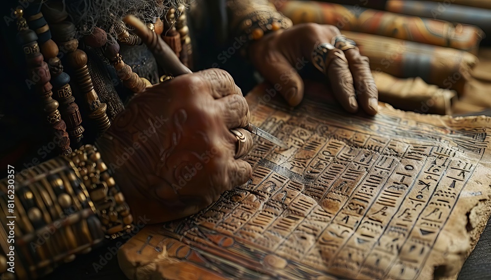 A Sumerian scribe in traditional attire, writing on a clay tablet with ...