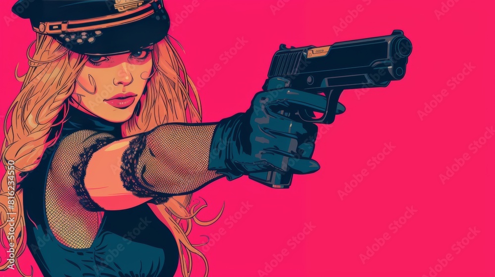 Vector illustration of sexy female police officer holding a gun. Comic ...