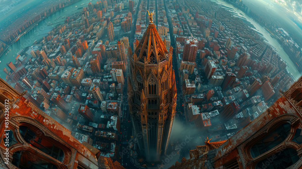 a 45 degree downwards angle of a city, taken from a 200 foot tall ...