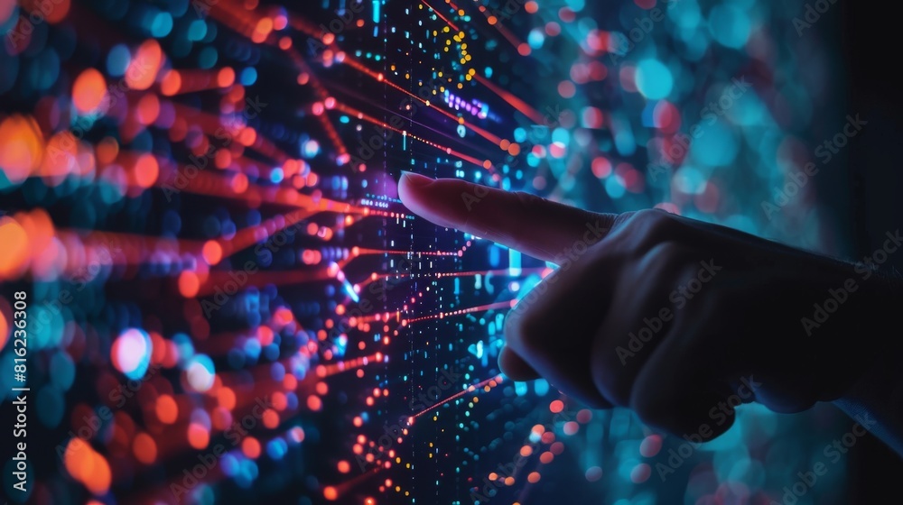 Hand is pointing at the screen with multiple colorful digital data ...