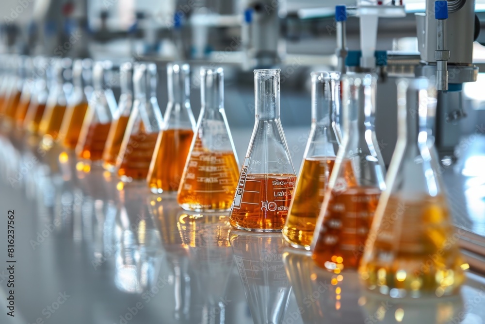 food quality testing, clean beakers holding diverse solutions are ...