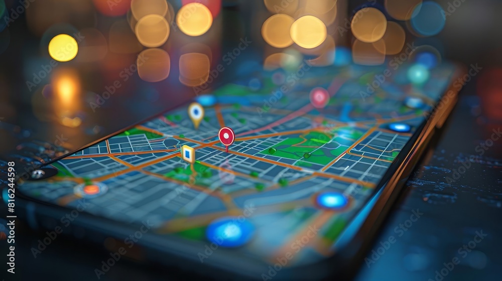 An animated city map on a smartphone screen showing realtime GPS ...