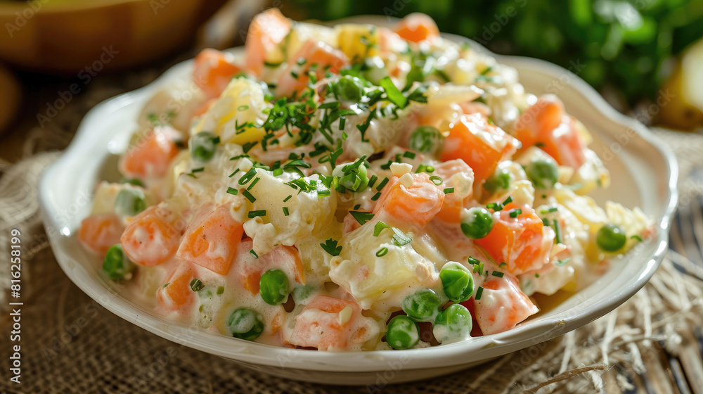 Russian salad Olivier with potatoes, carrots, peas, pickles, and ...