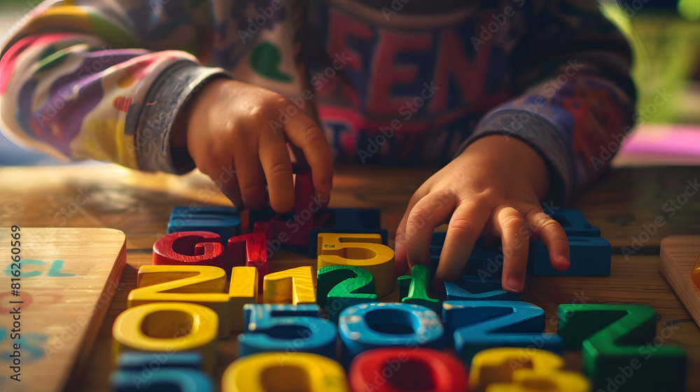 Kid learning numbers through game Activity with wooden numbers ...