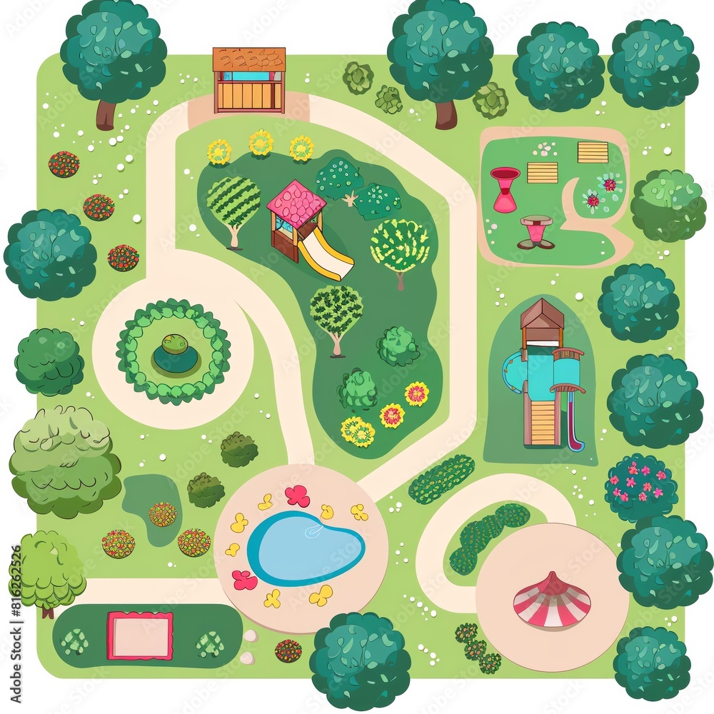 Design a colorful and detailed map of a children's playground, complete ...