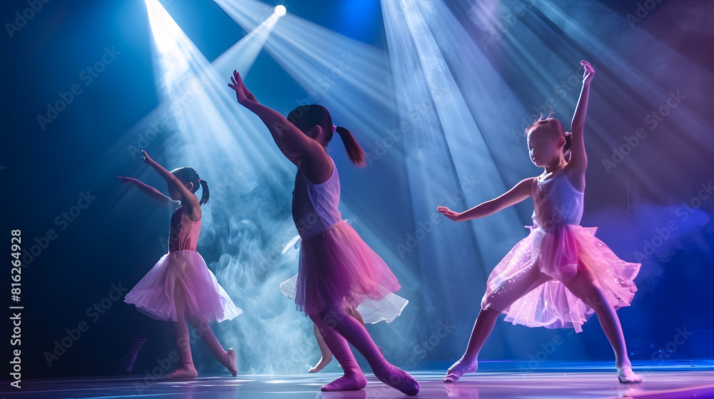 Talented asian kids showing ballroom dance on stage on smoked black ...
