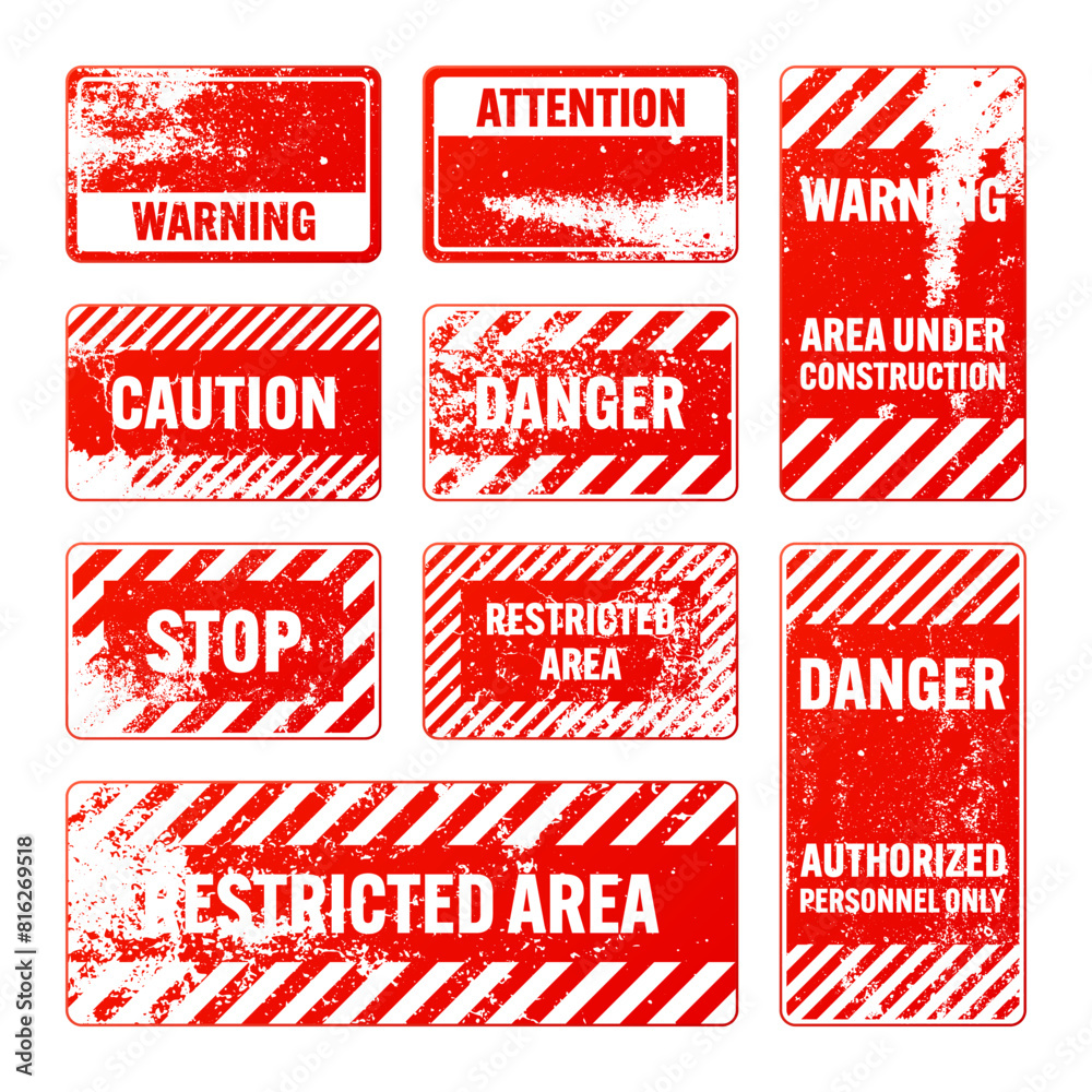 Red grunge warning signs with diagonal lines. Old attention, danger or ...
