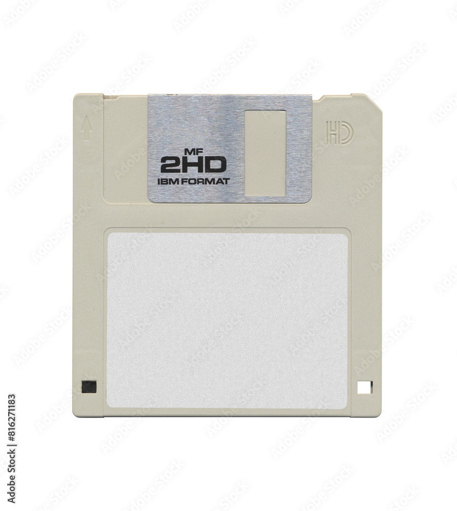 Isolated Retro 3.5” Floppy Disk mockup with white empty label sticker ...