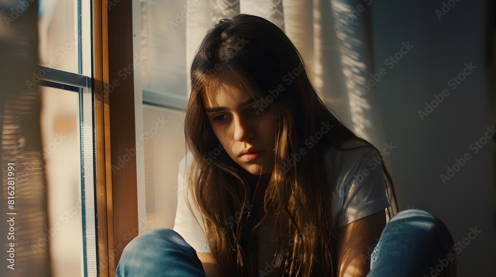 Sad Depressed Teen Girl sitting Alone and Depressed on the windowsill ...