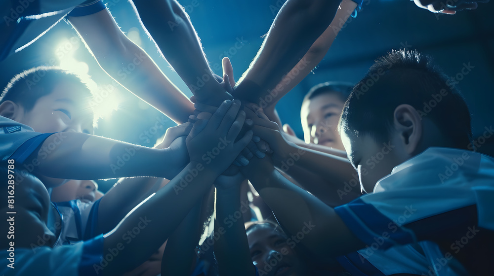 Sports team stacking hands together in a group Happy children teammates ...
