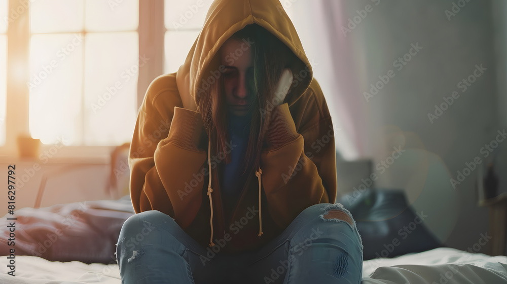 Lonely depressed teen school child girl wearing hood crying sitting ...
