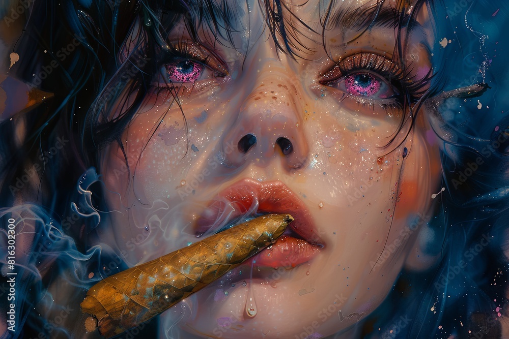 Watercolor Portrait of Fantasy Character with Pink Eyes Smoking Blunt ...