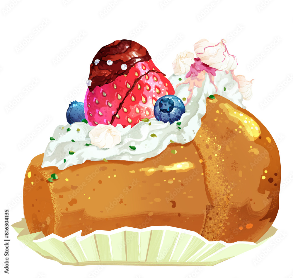 Babà al rum con fragola, cioccolato e perle. Panna con meringhe e ...